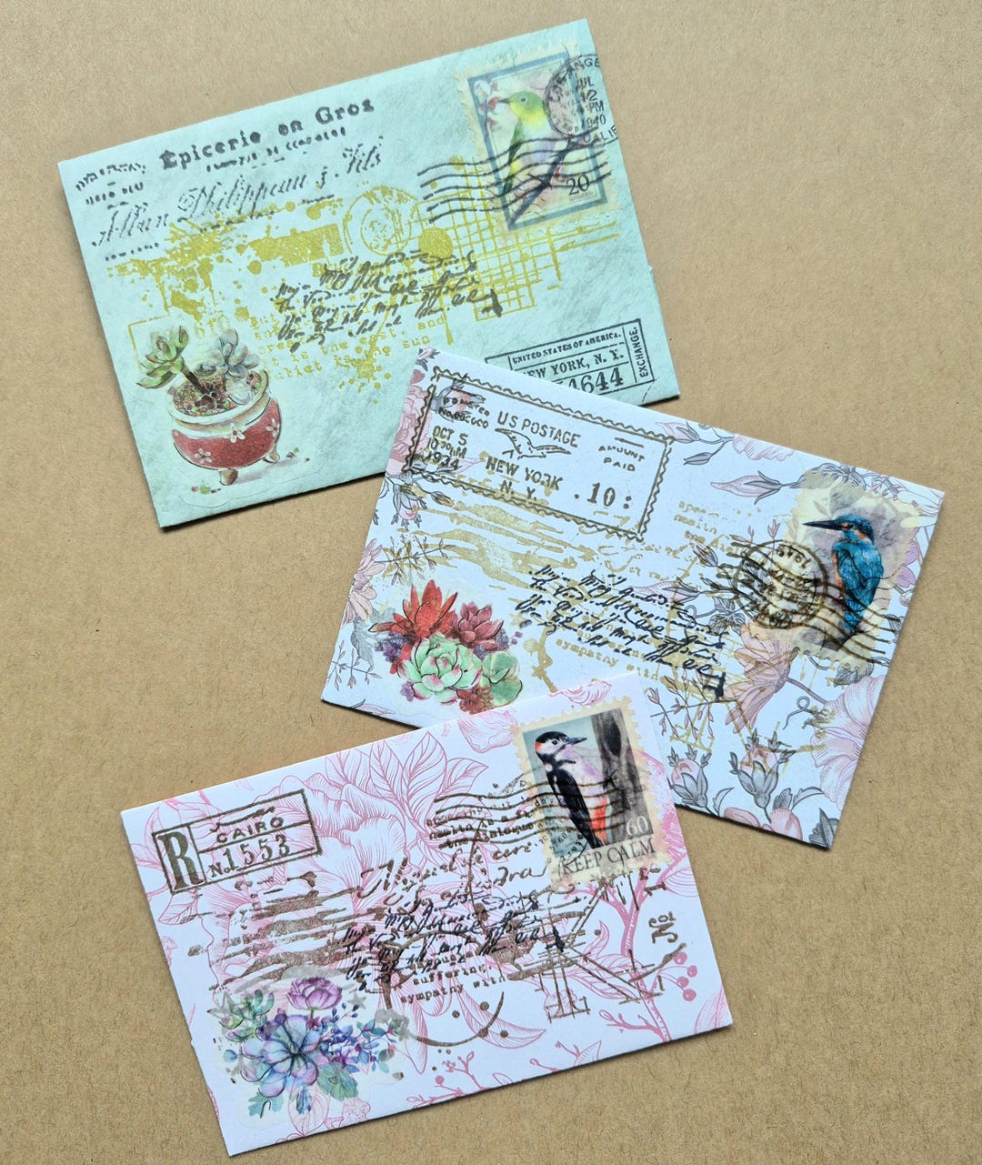 Botanical Bird Junk Journal Envelopes: Vintage Style Mail Art, Set of 3 ...