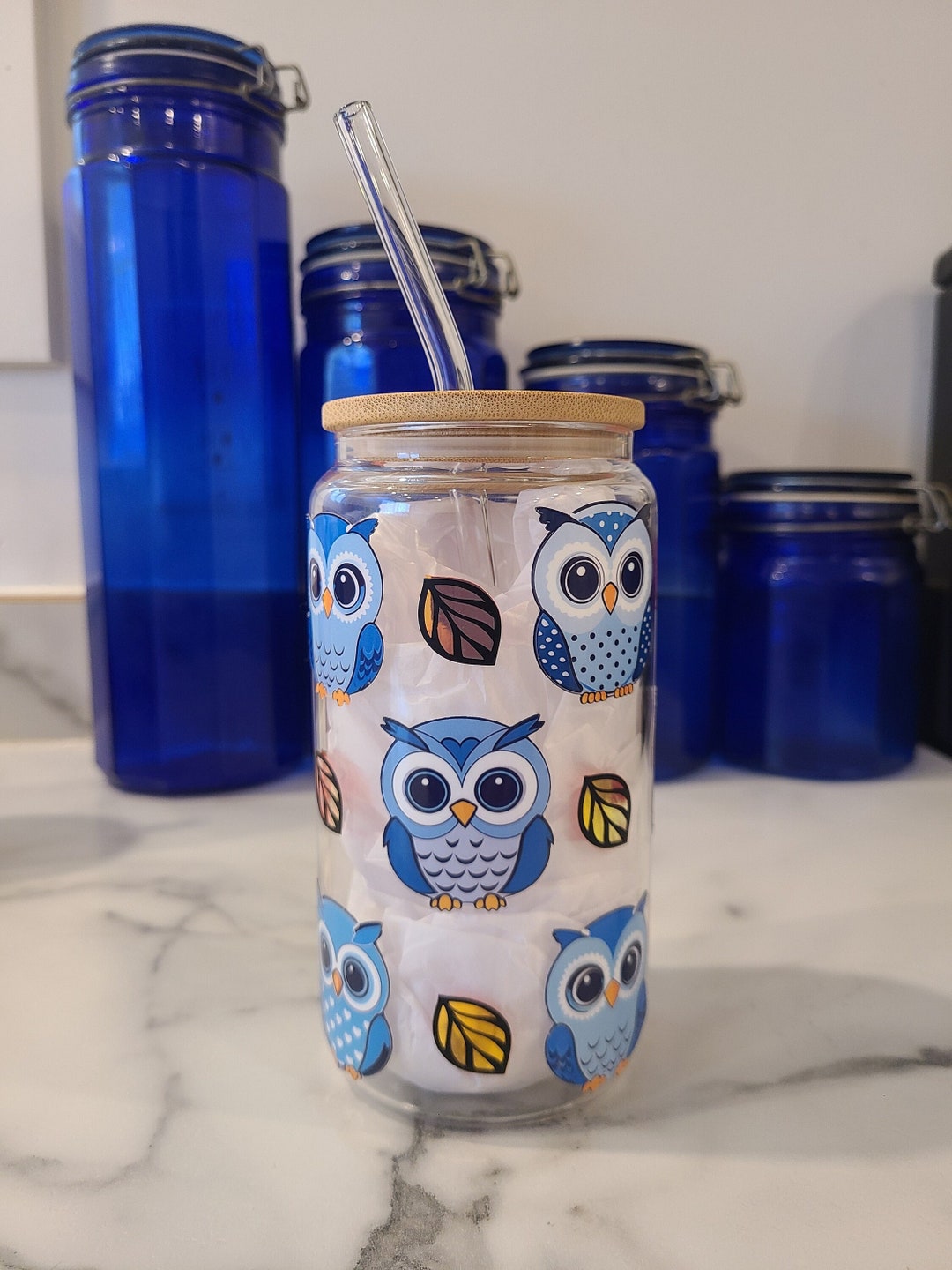 Chibi Owl Holographic Leaf Libbey Glass Straw Bamboo Lid Blue Owls ...