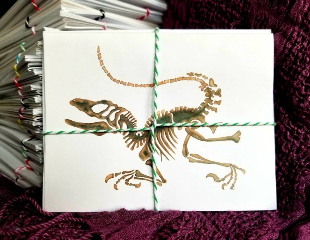 Dinosaur Raptor Fossil Watercolor Handmade Note Card Set of 4 With ...