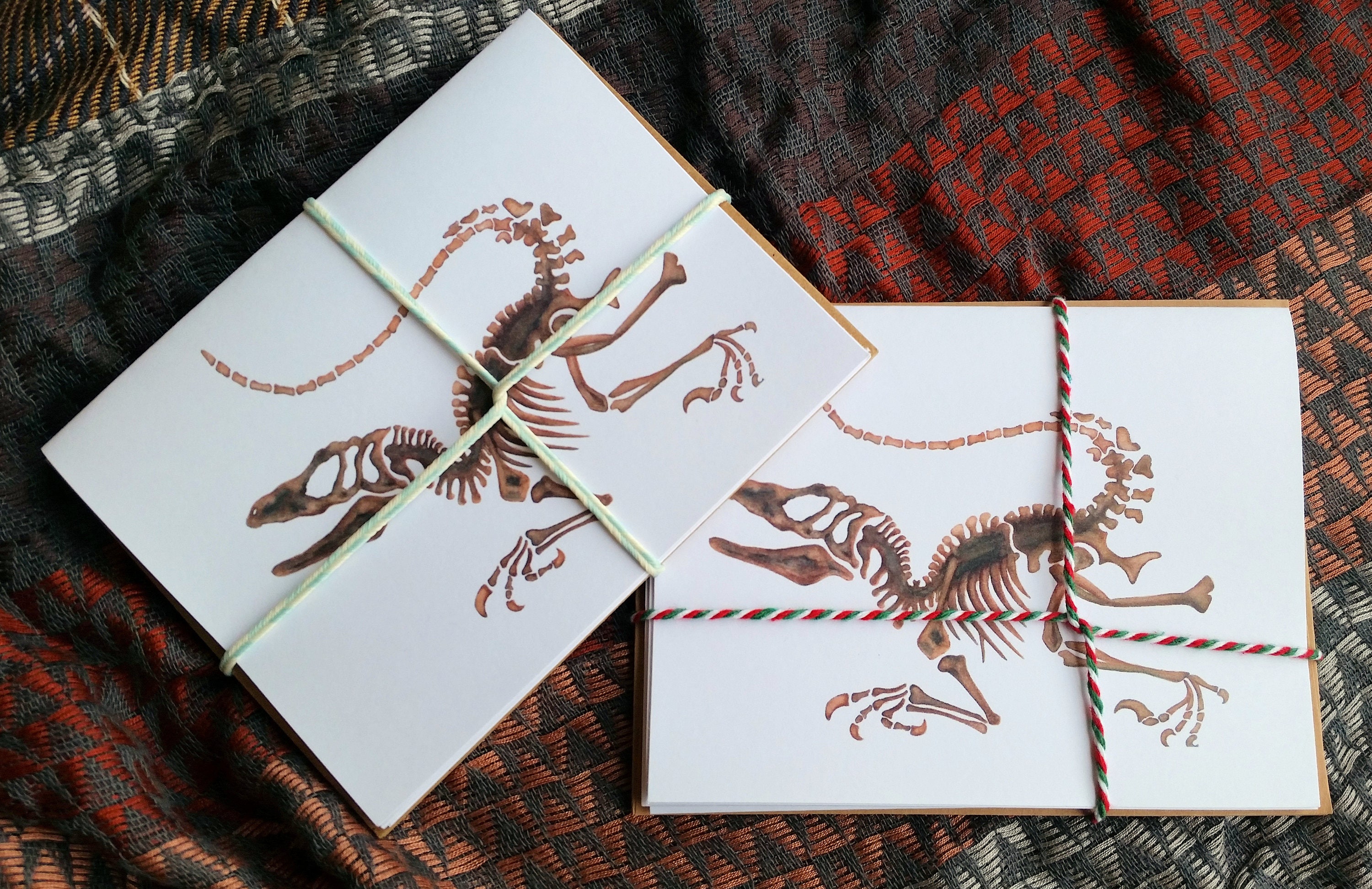 Dinosaur Raptor Fossil Watercolor Handmade Note Card Set of 4 With ...