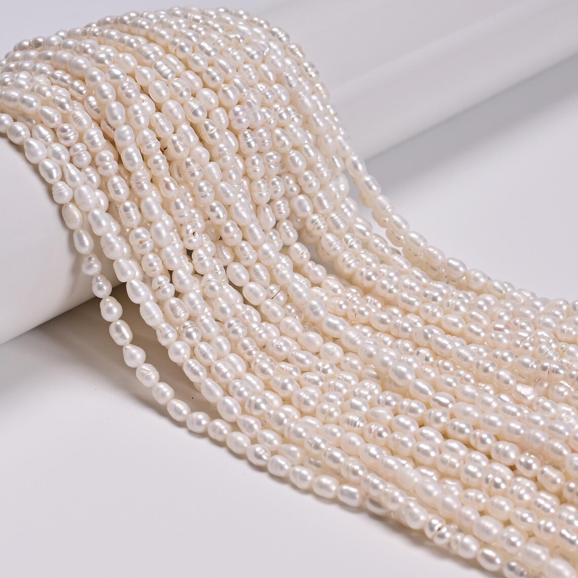 White Fresh Water Pearl Ringed Rice Shape Beads Size 3mm X 4-5mm 14 ...