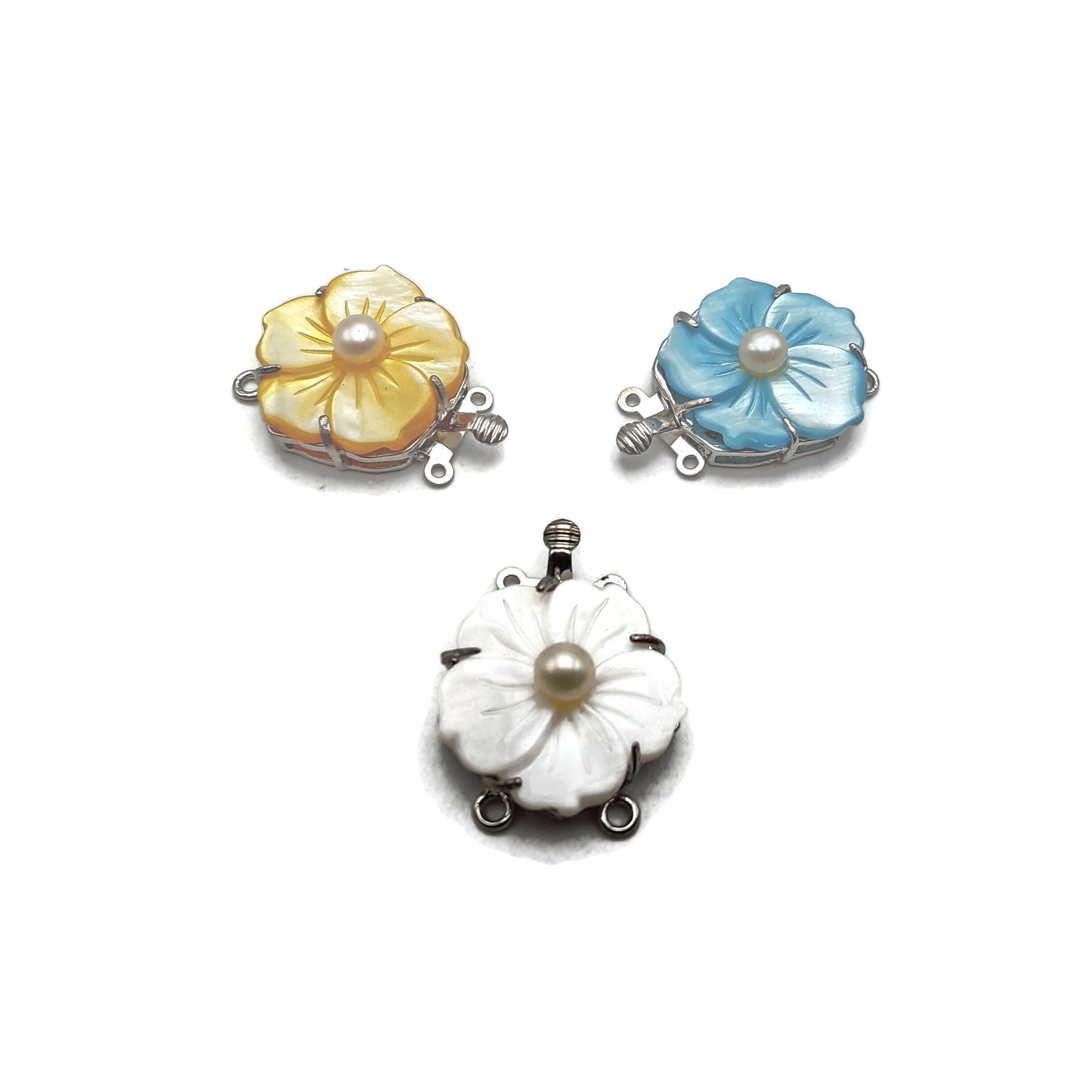 Flower Shell Clasp Connector W/pearl Center White/blue/yellow - Etsy