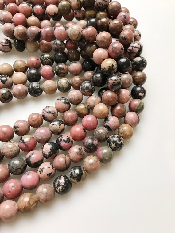 10mm · Large Hole · 1/2 Strand Rhodonite w/ Matrix · Smooth · Round ...