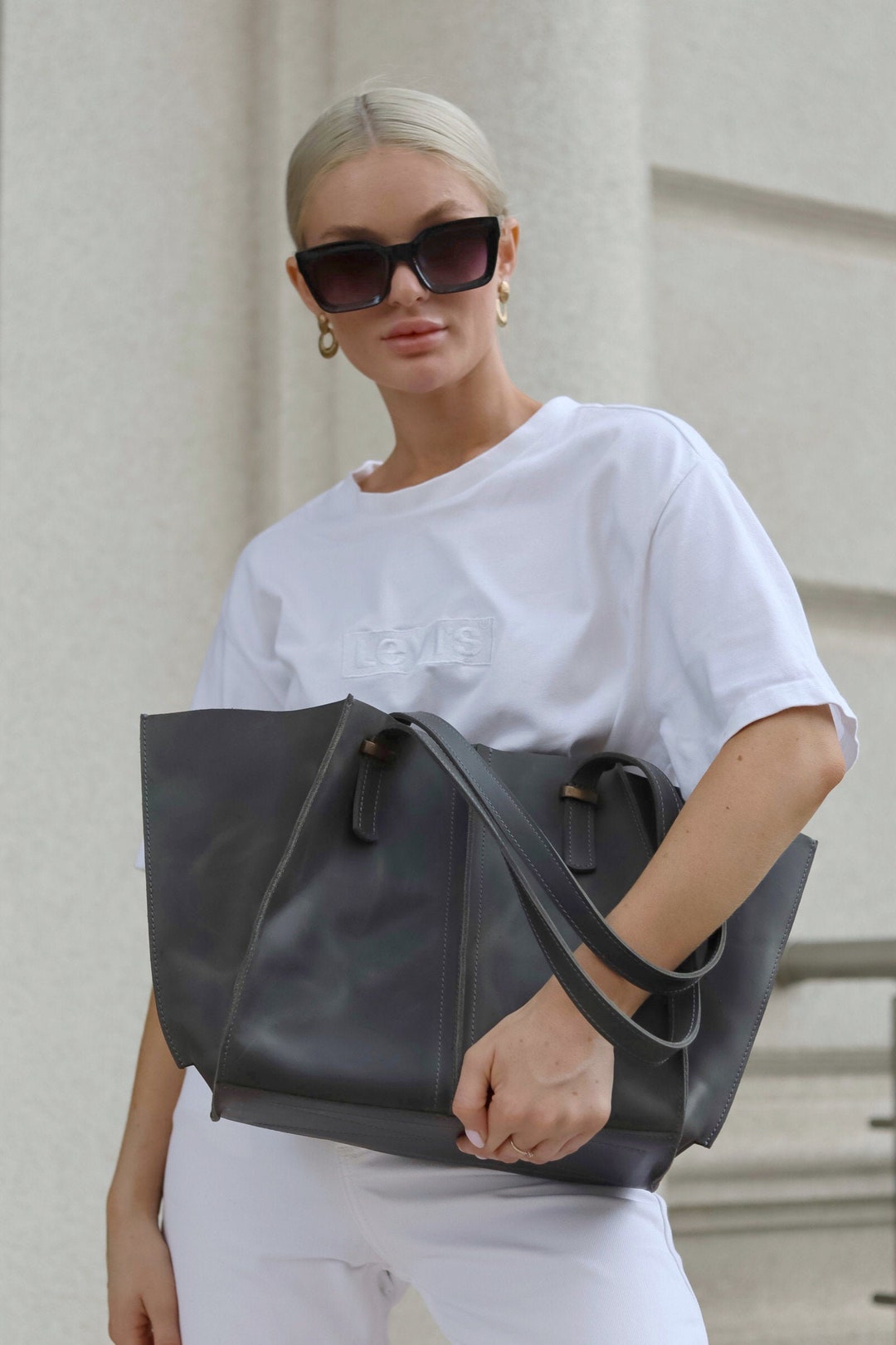 Large Grey Leather Tote Bag: Designer Womens Bag - Etsy