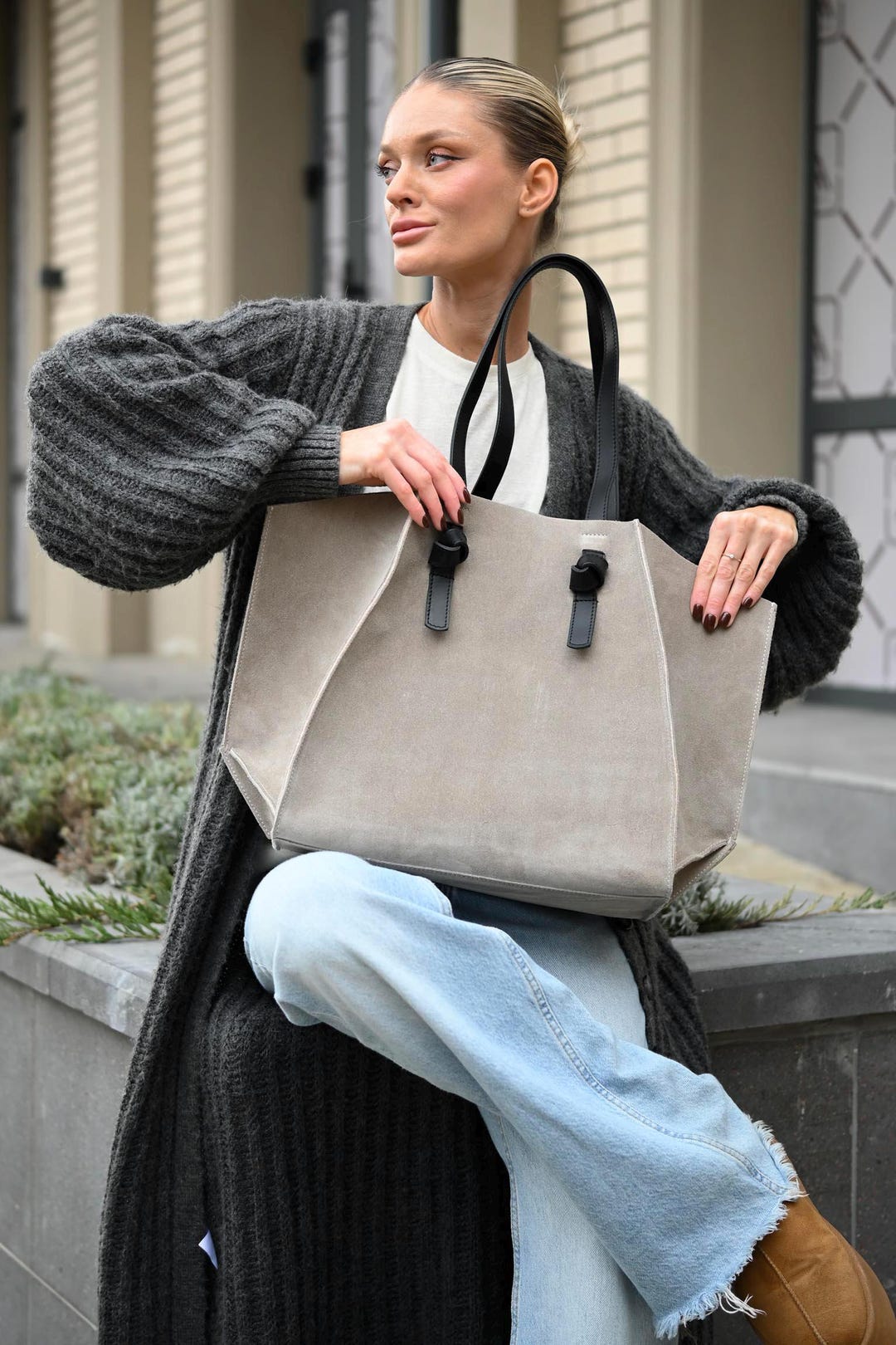 Neutral Beige Suede Tote - Large Work Laptop Tote for Women, Structured ...