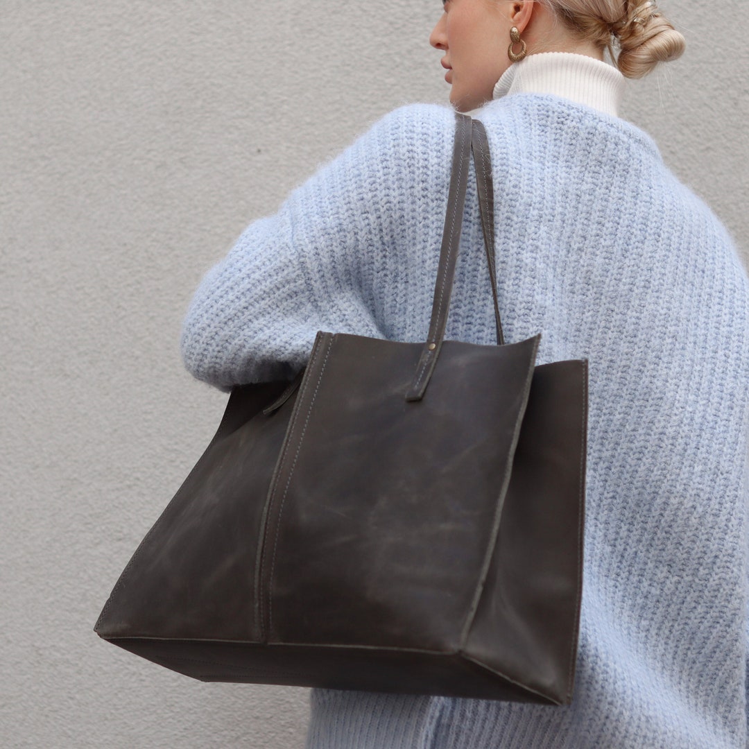 Minimalist Leather Tote Bag, Handmade Soft Leather Carryall, Everyday ...
