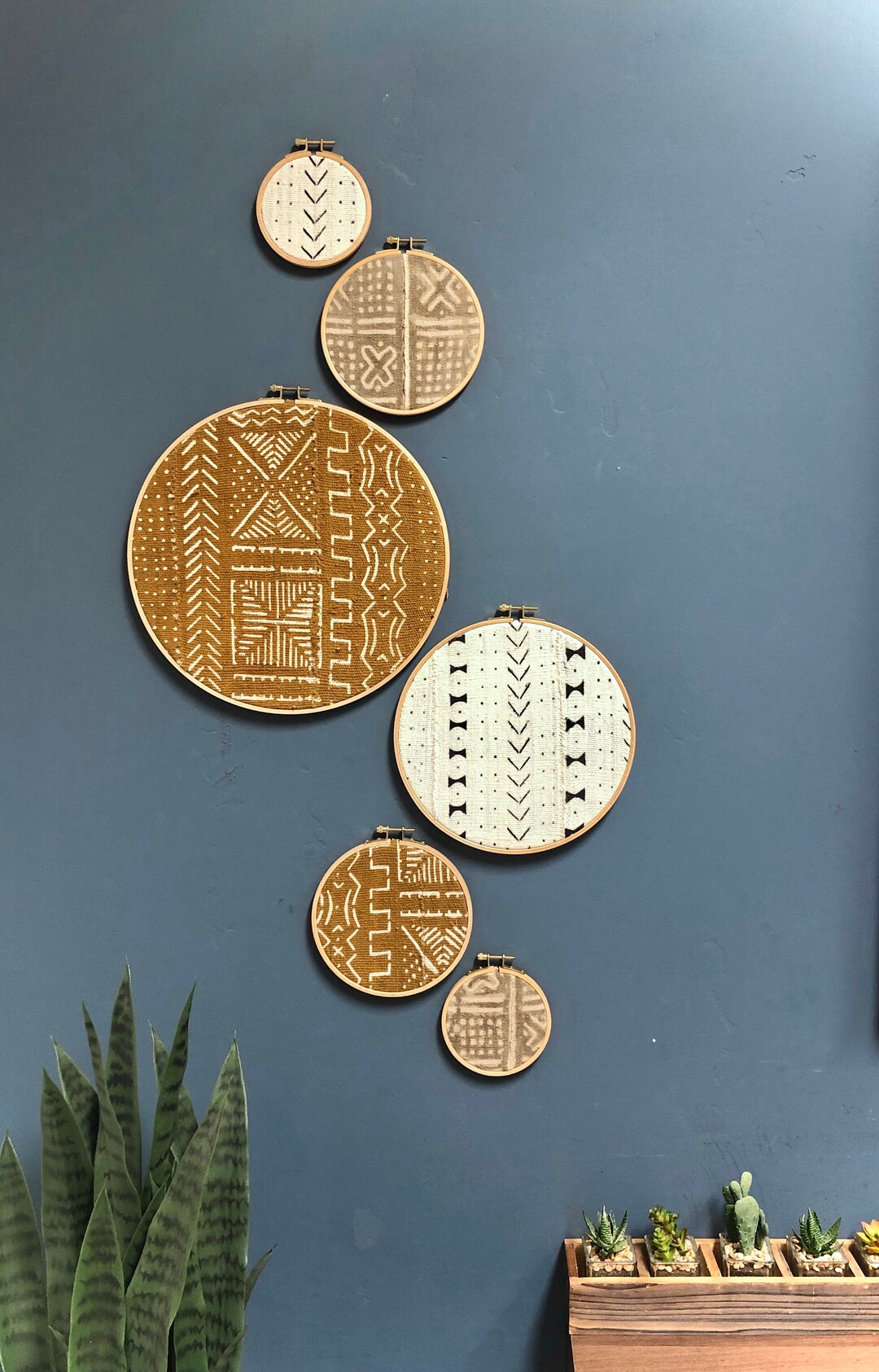 6 Piece Set, Mustard Tan White African Mudcloth Gallery Wall Hanging ...