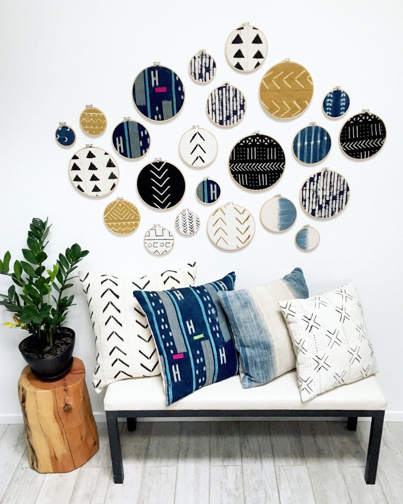 African Mudcloth Gallery Wall Hanging Decor Set, Wood Circle Frames ...