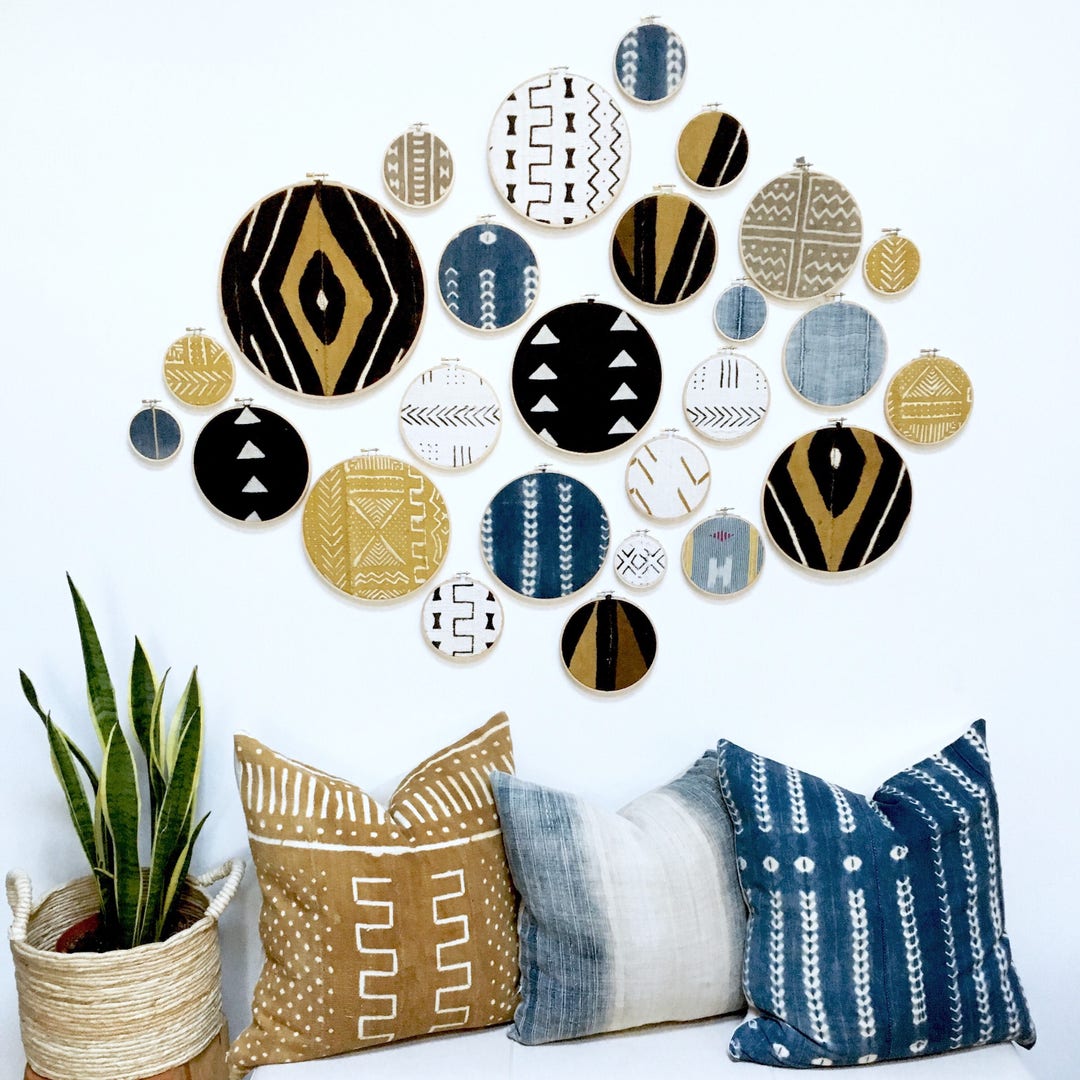 African Mudcloth Gallery Wall Hanging Decor Set, Wood Circle Frames ...