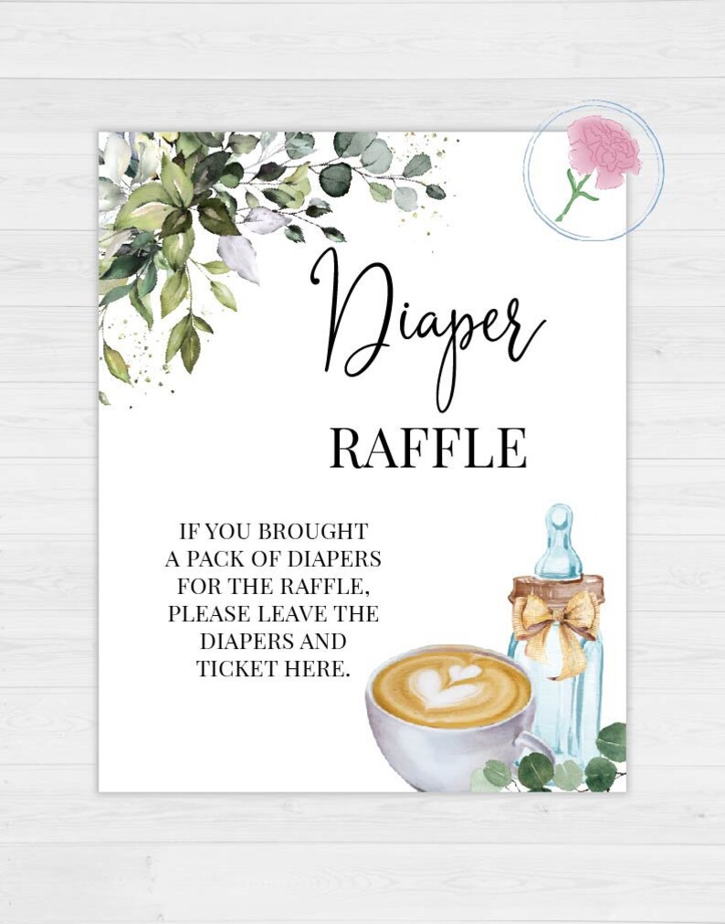 Greenery Coffee Cup Diaper Raffle Sign & Tickets,greenery Eucalyptus ...