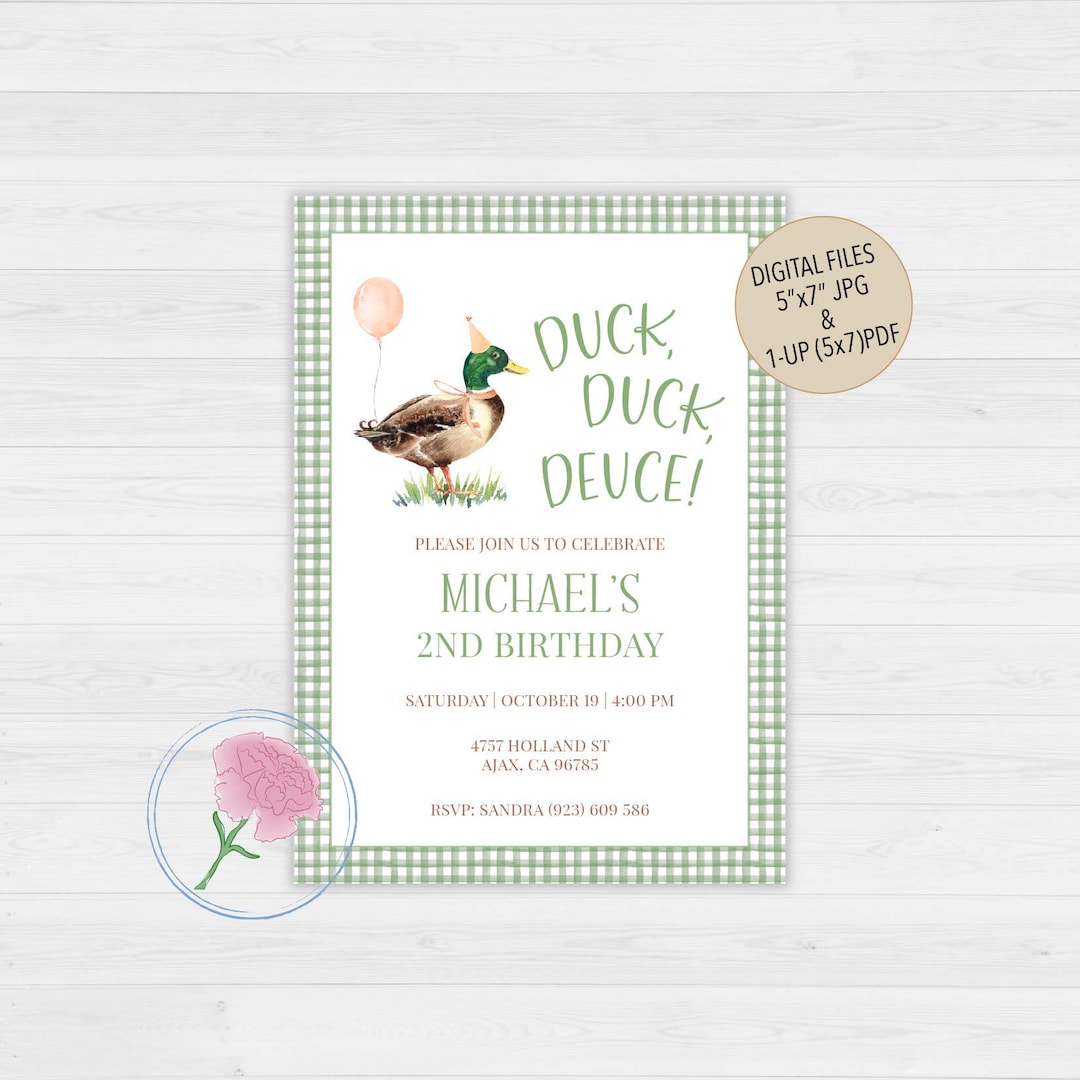 Mallard Duck 2nd Birthday Invitation,duck Second Birthday Invite ...