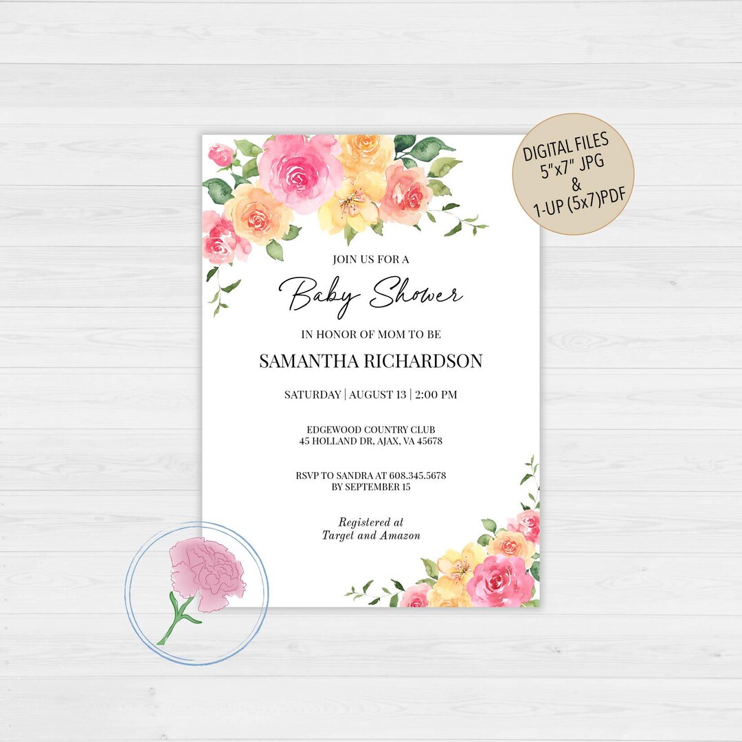 Bright Colorful Floral Baby Shower Invite,customized Digital Pink ...