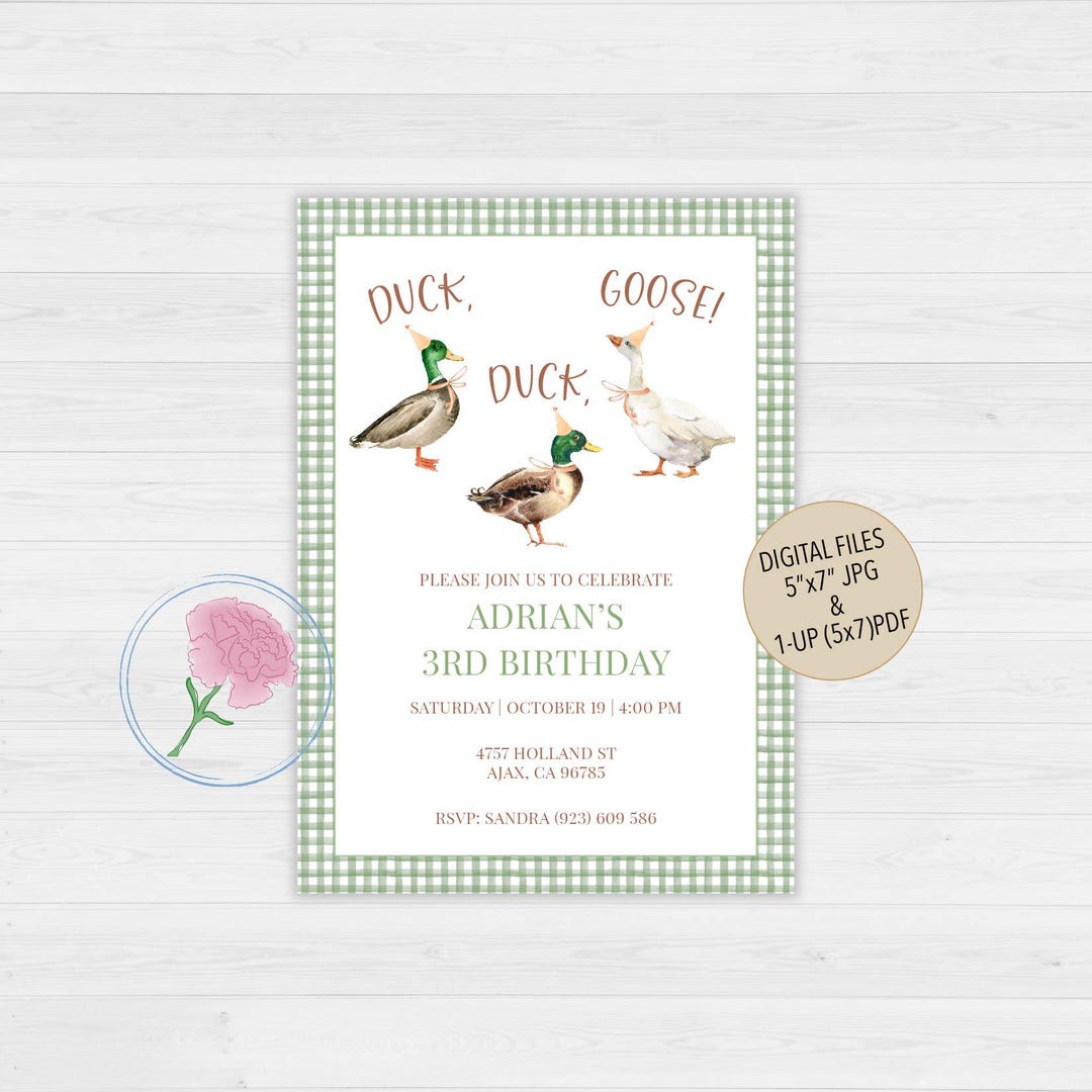 Mallard Duck Birthday Invitation,duck, Duck, Goose Birthday Invite ...