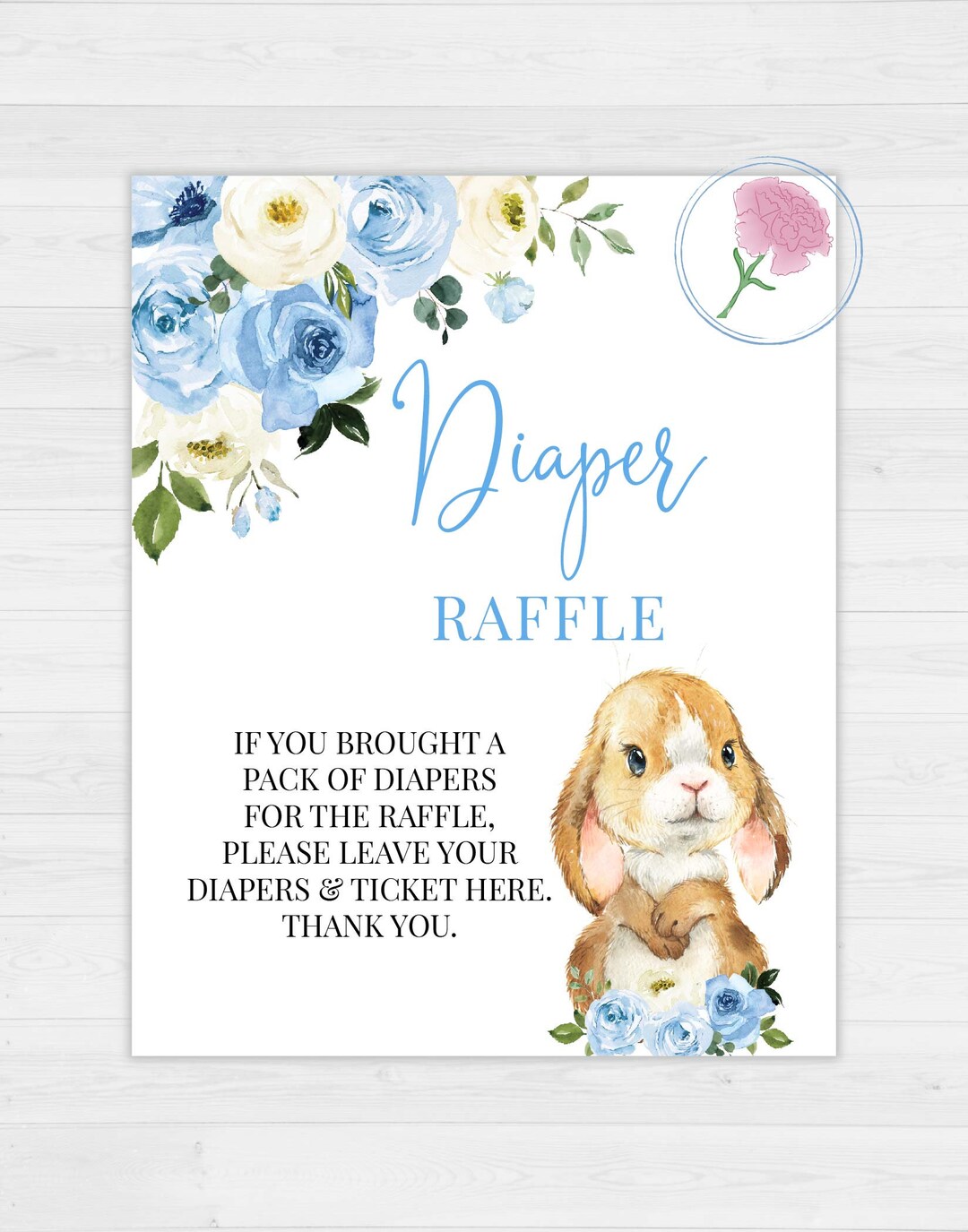 BUNNY Diaper Raffle Sign and Raffle Tickets,blue Floral Printable 8x10 ...