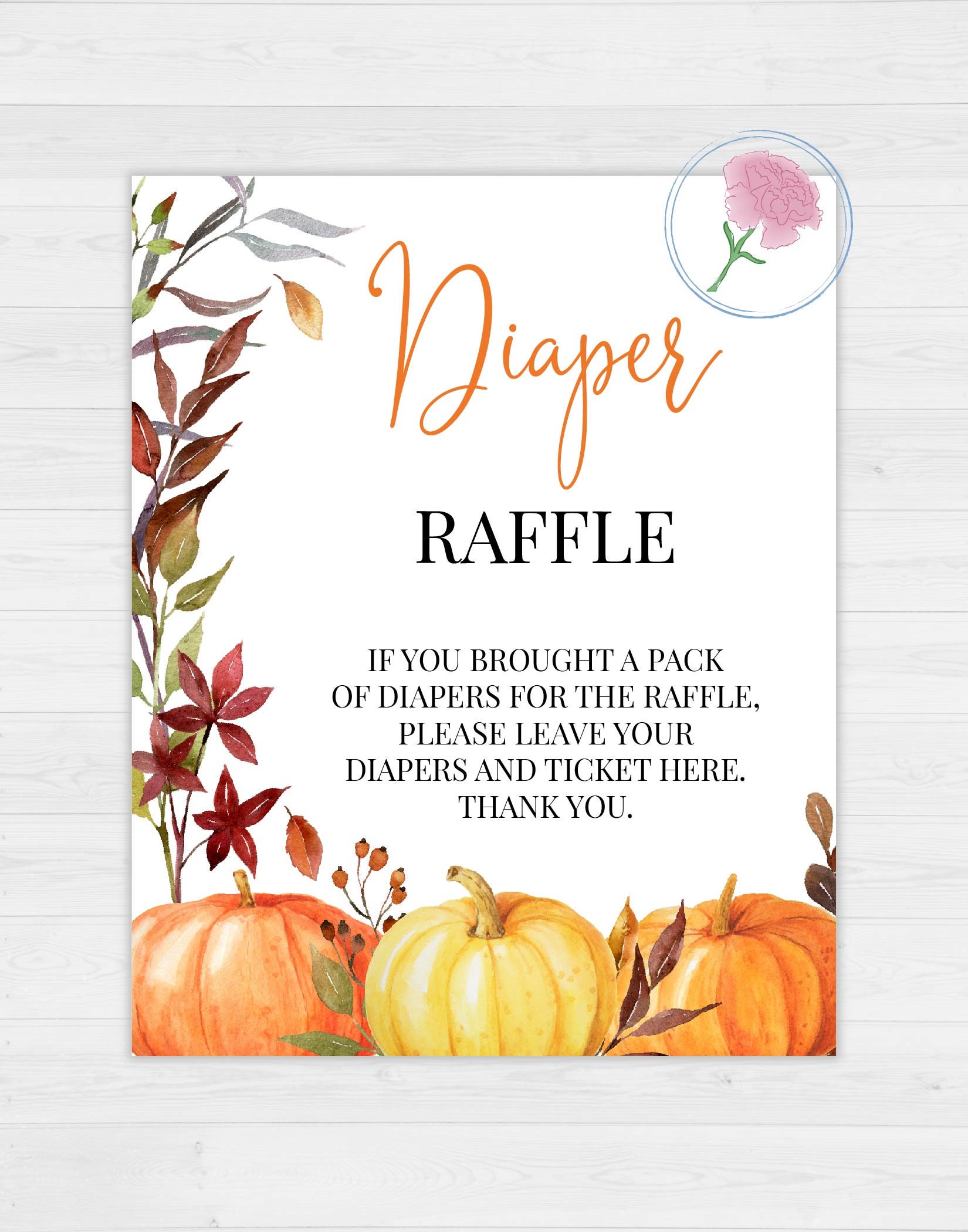 Fall Theme Diaper Raffle Sign and Tickets,pumpkin Printable 8x10 Sign ...