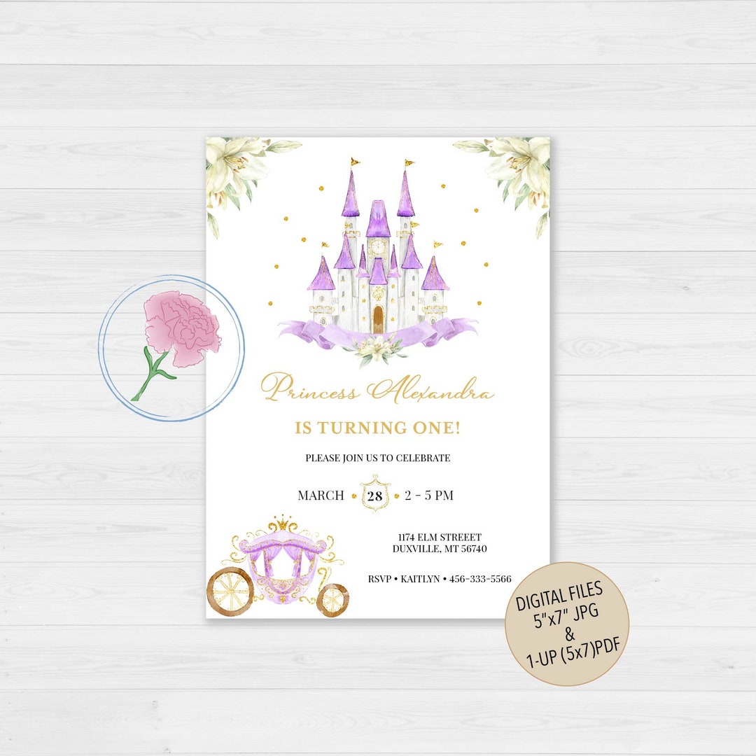Princess Theme Birthday Party Invitation, Princess Purple Castle ...