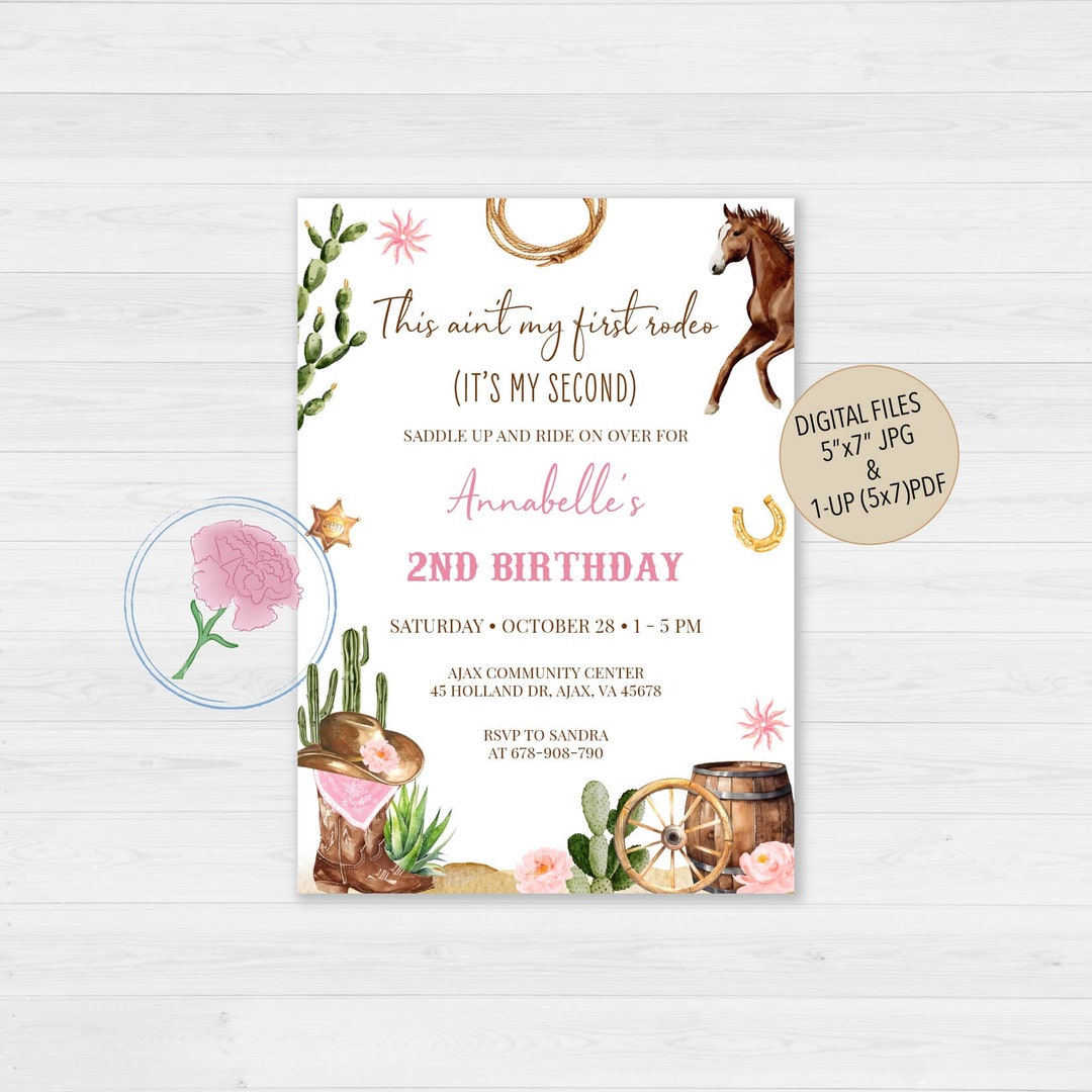 Cowgirl Second Birthday Invite,2nd Rodeo Invite,customized Digital 2nd ...