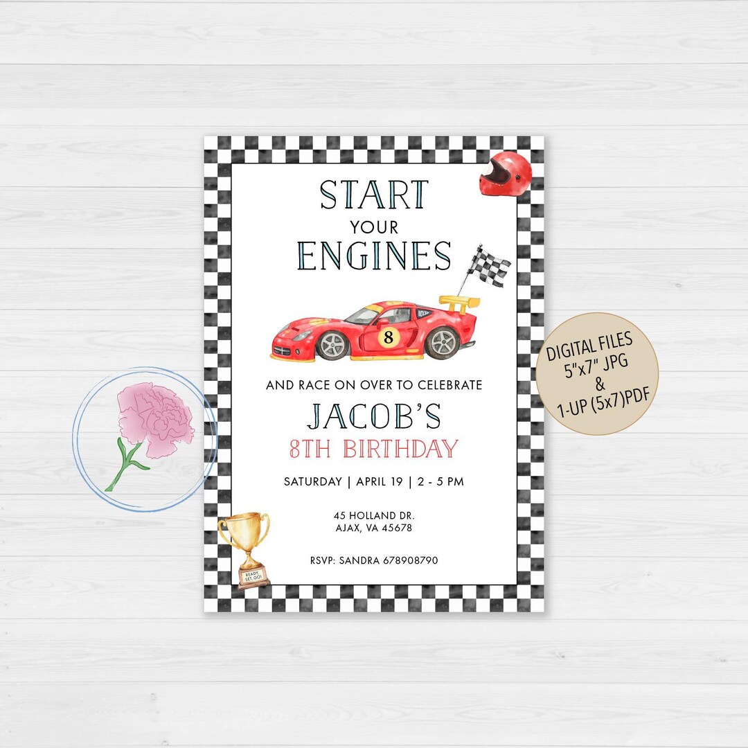 Race Car Birthday Invite,kids Racing Birthday Invite,customized Digital ...