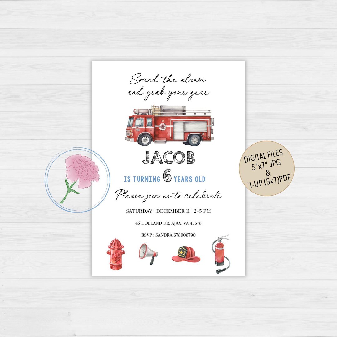 Firefighter Birthday Party Invitation,fire Engine Birthday Party ...
