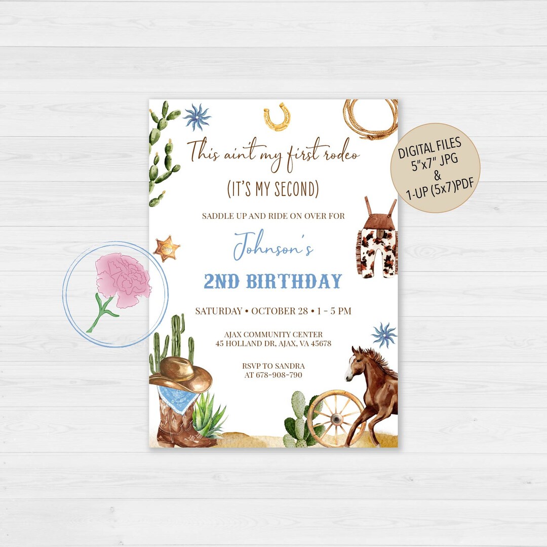 Cowboy Second Birthday Invite,2nd Rodeo Invite,customized Digital 2nd ...