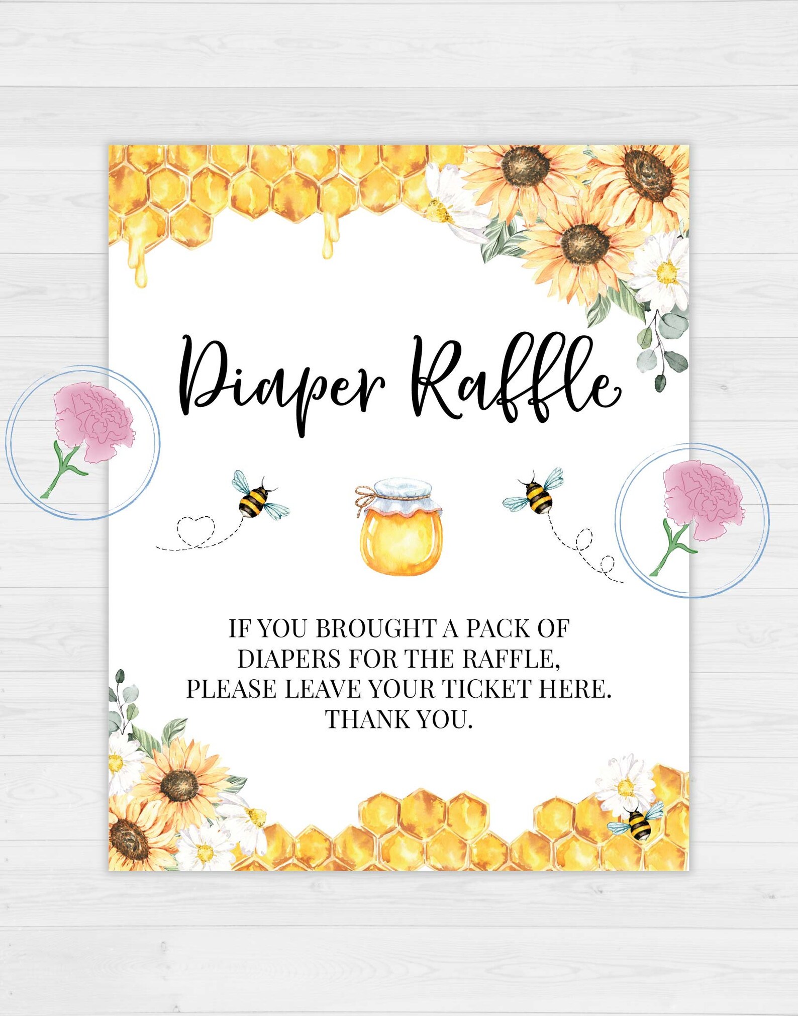 Bee and Sunflowers Diaper Raffle Sign and Tickets,bee Printable 8x10 ...
