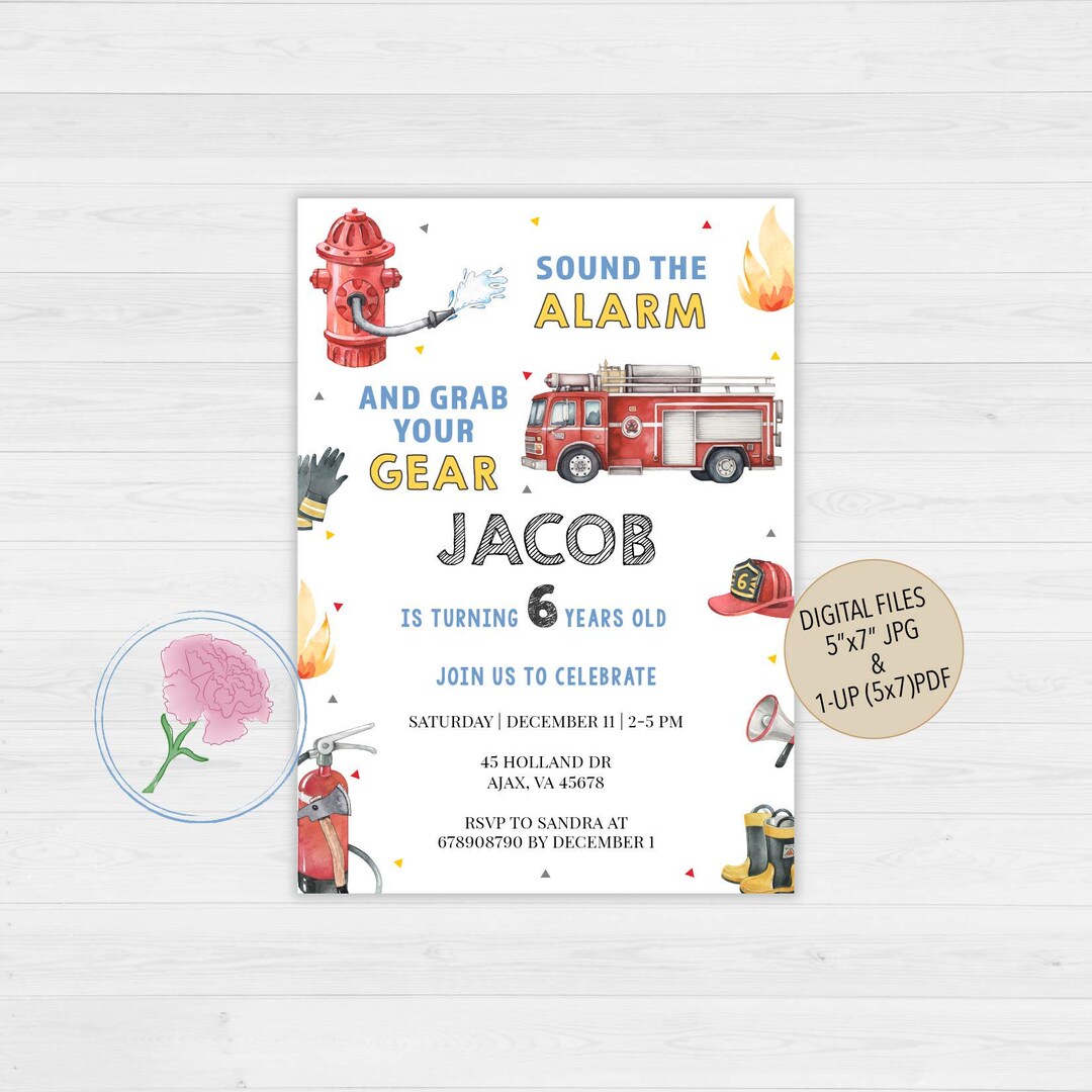 Firefighter Birthday Party Invite,fire Engine Birthday Invite ...