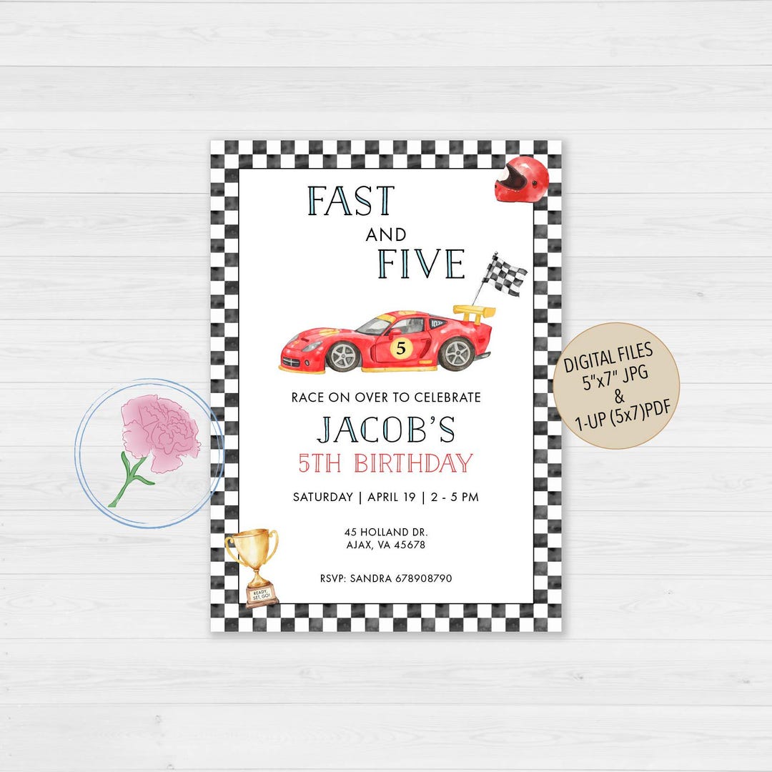 Race Car Fifth Birthday Invite,kids Racing Birthday Invite,customized ...
