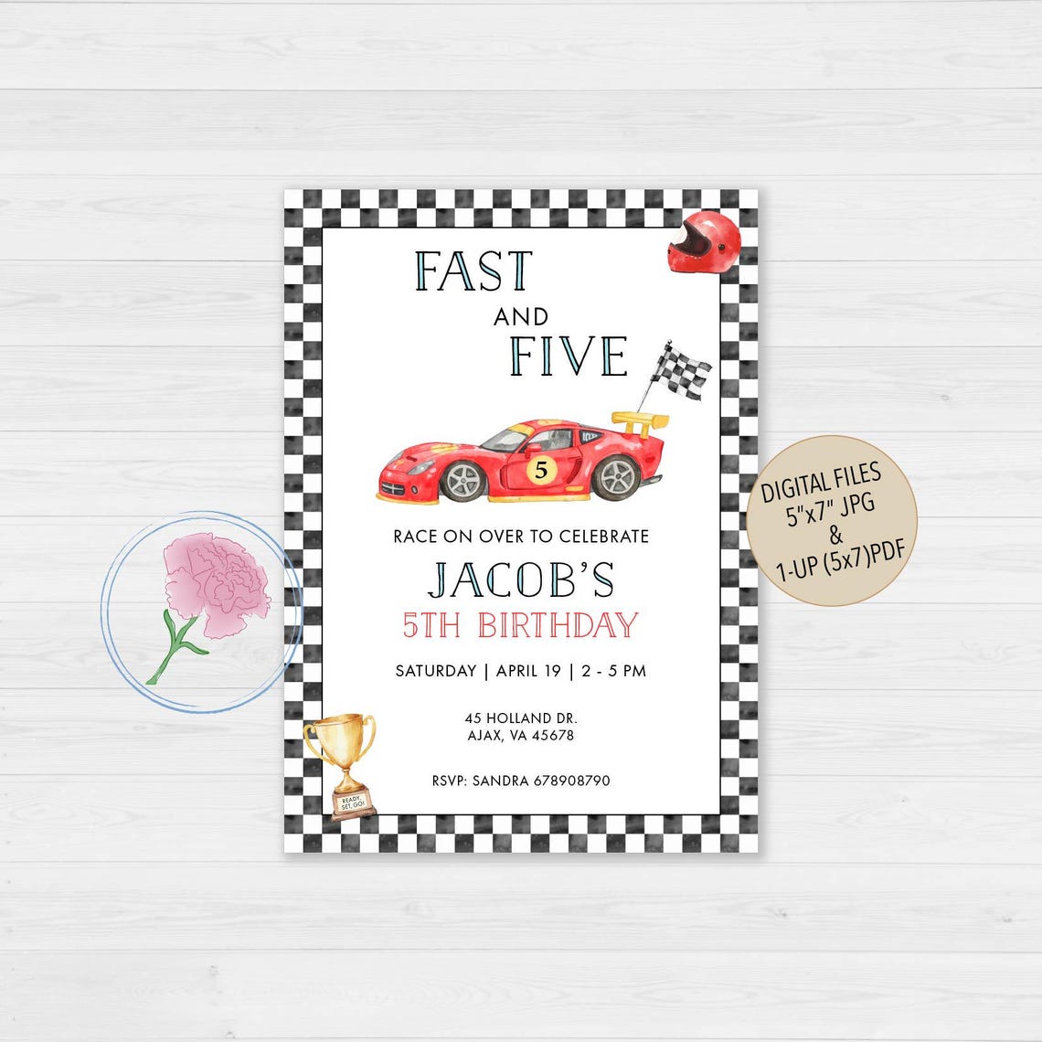 Race Car Fifth Birthday Invite,kids Racing Birthday Invite,customized ...