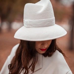 Ivory Millinery Couture Asymmetrical Crown Wide Brim Women Felt Fedora ...
