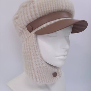 Beige Warm Wool Women Winter Visor Hat With Earflaps, Modern Closed ...