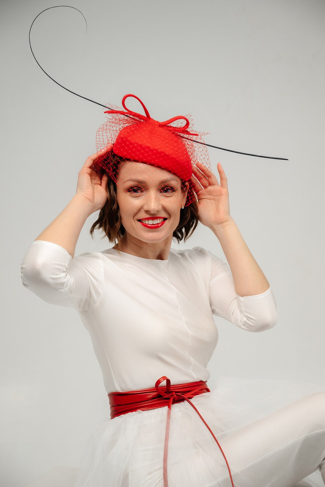 Red Wool Feather Fascinator: Kentucky Derby Pillbox Hat - Etsy