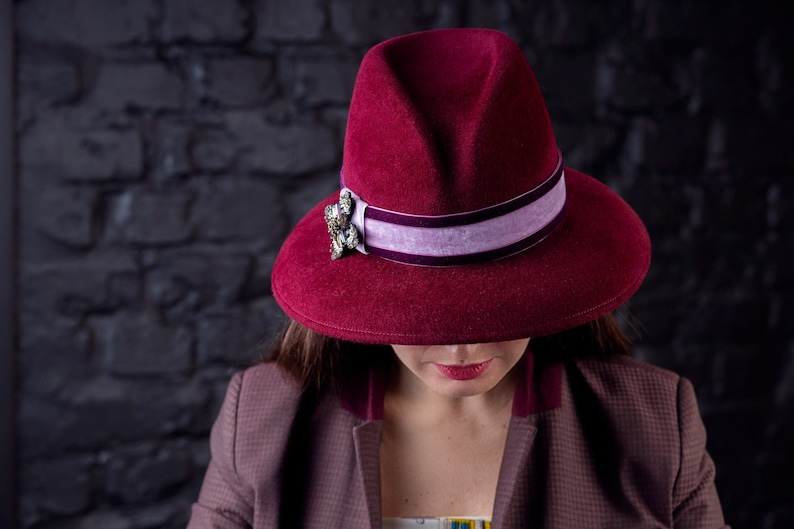 Burgundy Velour Fedora Hat: Wide Brim Felt Outfit Hat - Etsy