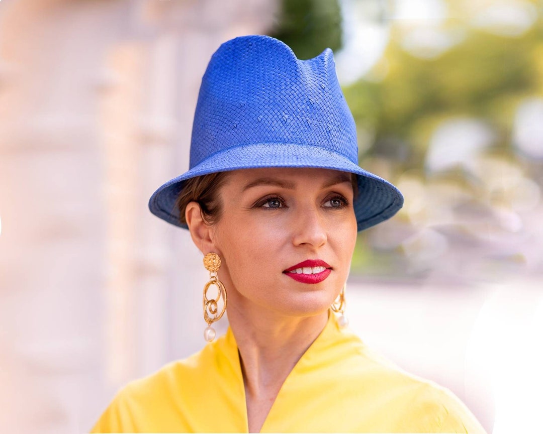 Elegant Blue Short Brim Fedora Woman Hat, Designer Stiff Ladies Blue ...