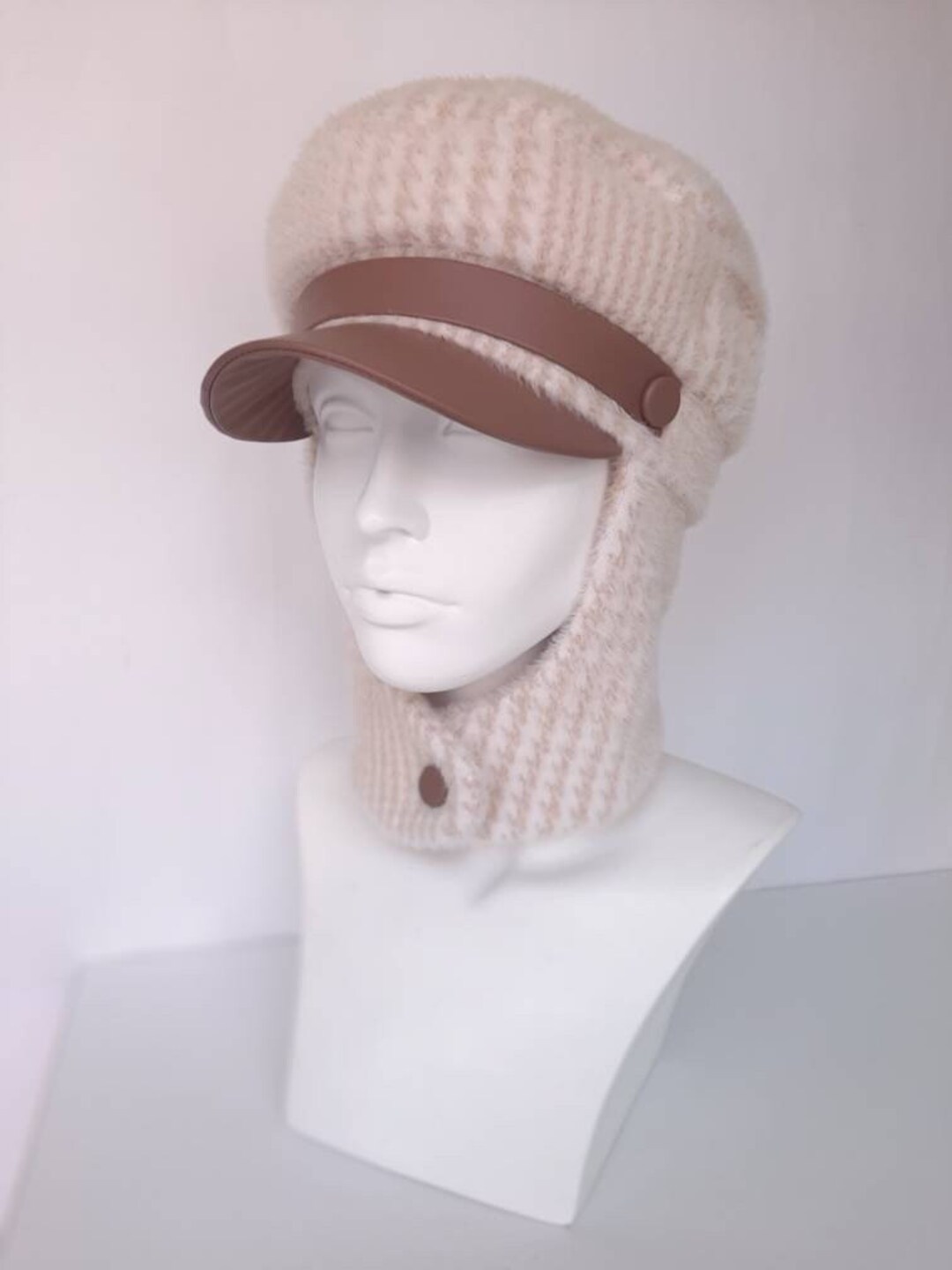 Beige Warm Wool Women Winter Visor Hat With Earflaps, Modern Closed ...
