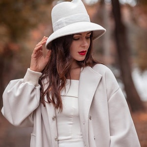 Ivory Millinery Couture Asymmetrical Crown Wide Brim Women Felt Fedora ...