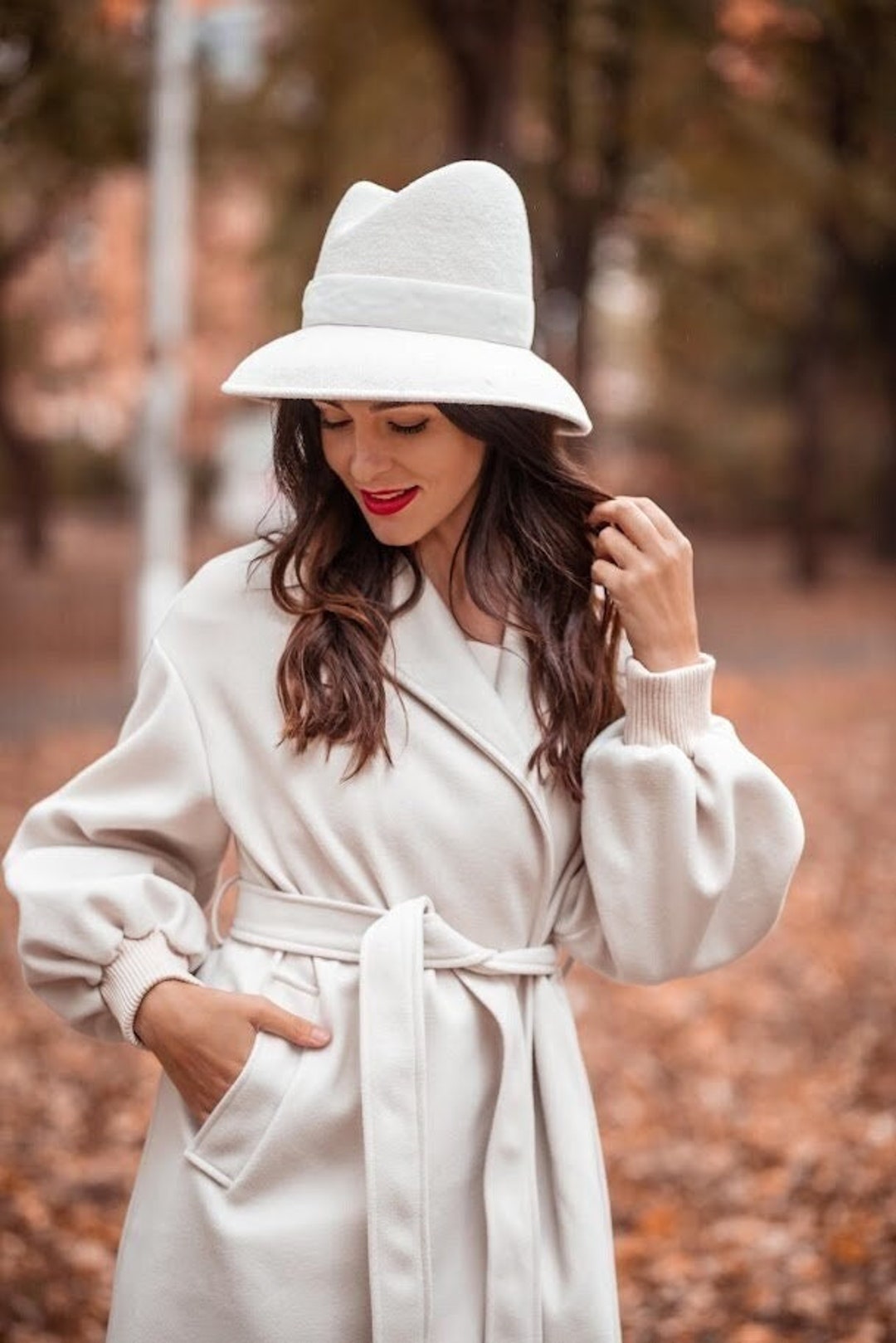 Ivory Millinery Couture Asymmetrical Crown Wide Brim Women Felt Fedora ...