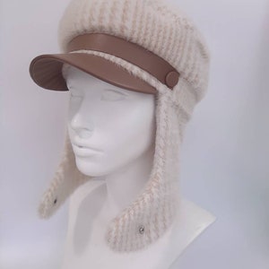 Beige Warm Wool Women Winter Visor Hat With Earflaps, Modern Closed ...