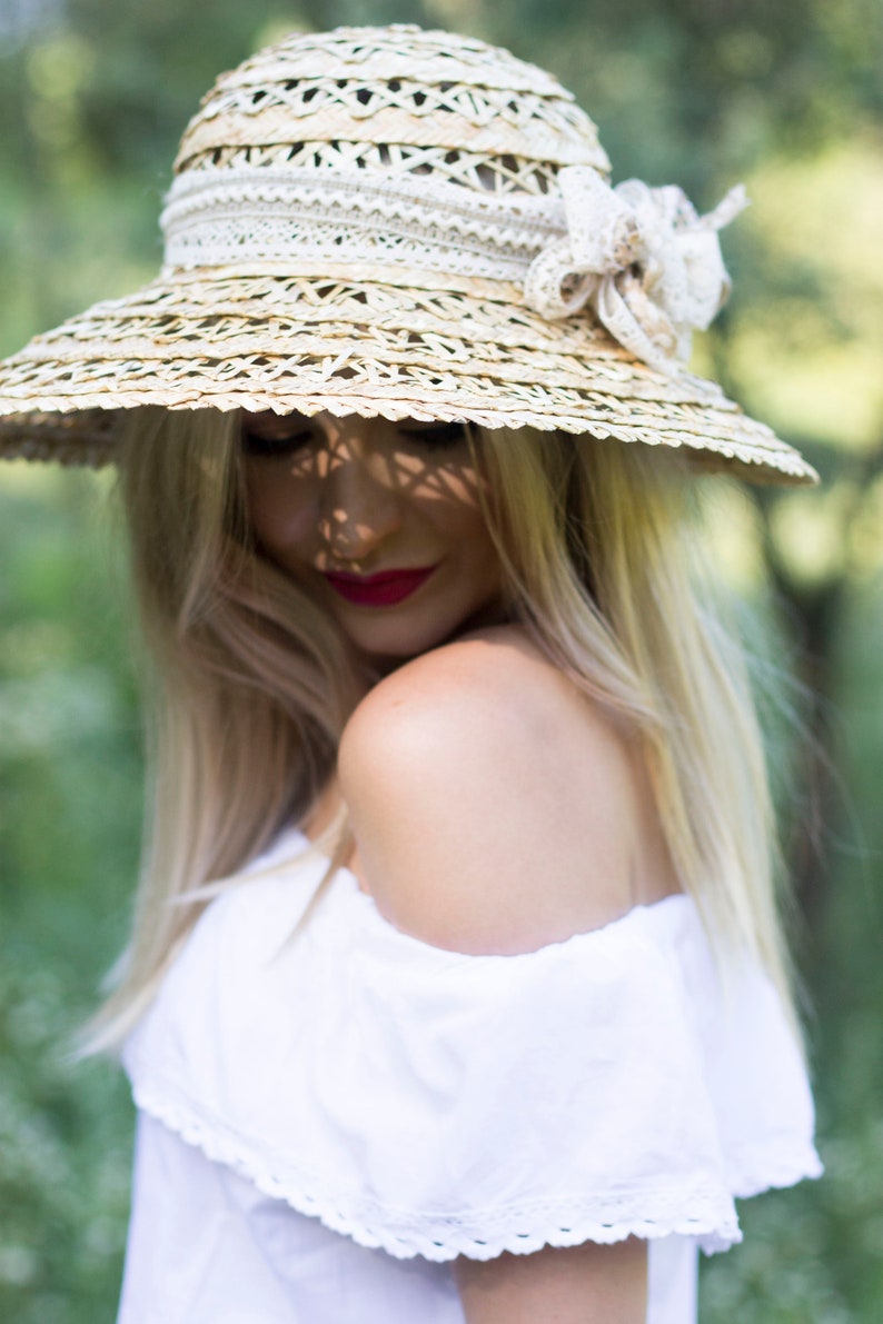Womens Large Wide Brim Sun Straw Hat With Bow Summer Uv Etsy