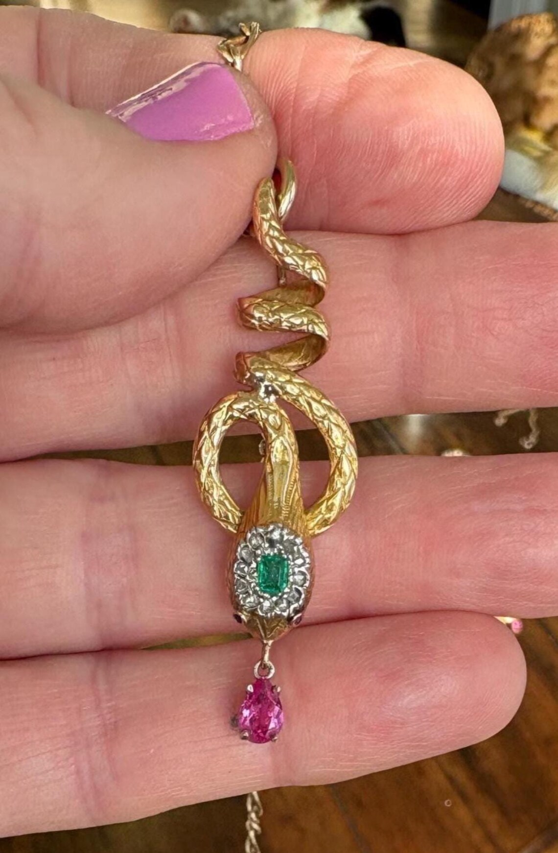 Antique Victorian 18k Slider Snake Emerald, Diamond Pendant With Pink ...