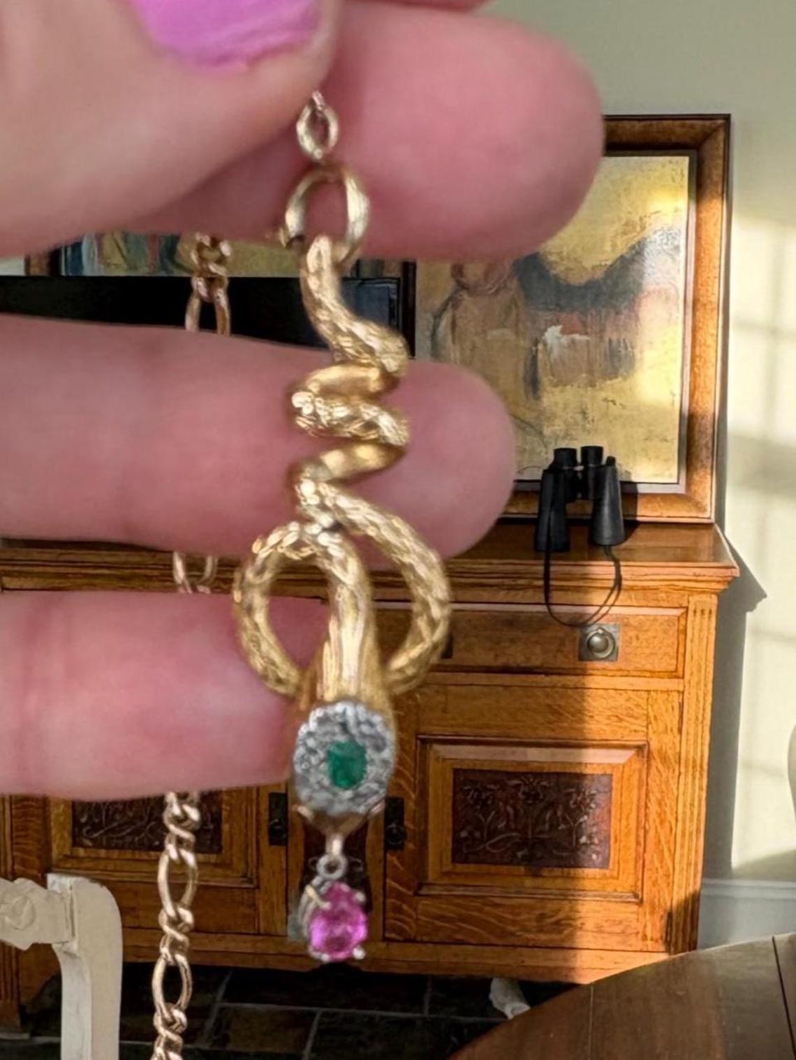 Antique Victorian 18k Slider Snake Emerald, Diamond Pendant With Pink ...