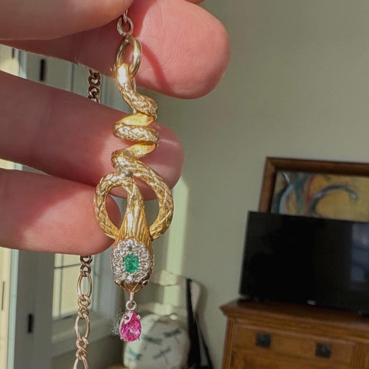 Antique Victorian 18k Slider Snake Emerald, Diamond Pendant With Pink ...