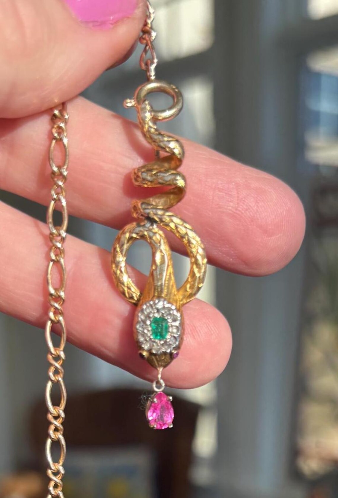 Antique Victorian 18k Slider Snake Emerald, Diamond Pendant With Pink ...