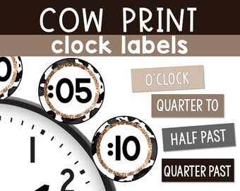 Cow Print Farmhouse Clock Label Numbers in 5 Minute Intervals ...