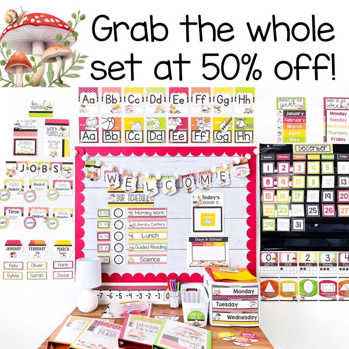10 Drawer Rolling Cart Labels Editable Mushroom Retro Classroom Decor ...