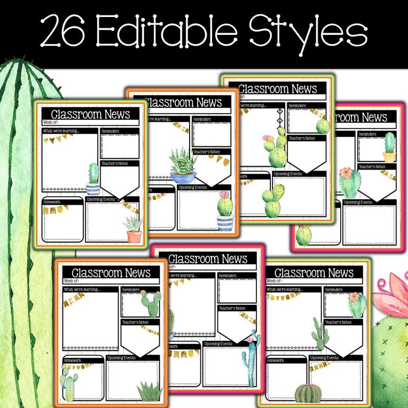 Editable Classroom Newsletter Template Cactus Classroom Decor Monthly ...