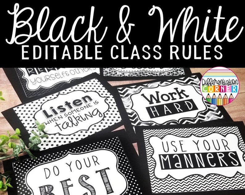 Editable Black and White Classroom Rules Posters Black and White ...