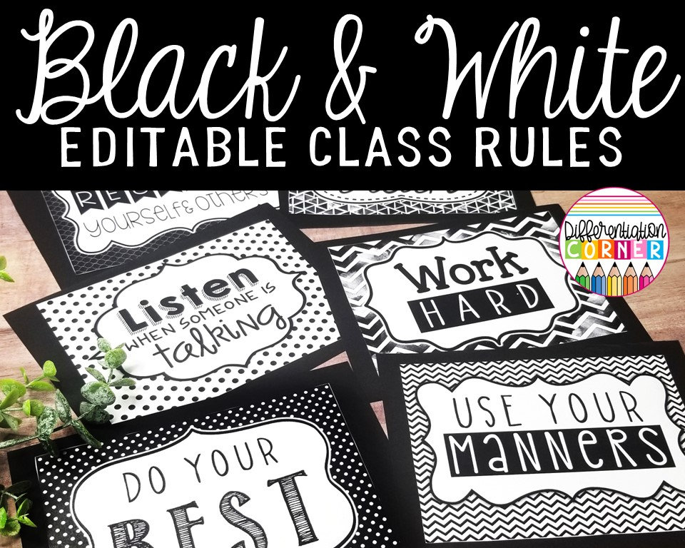 Editable Black and White Classroom Rules Posters Black and White ...