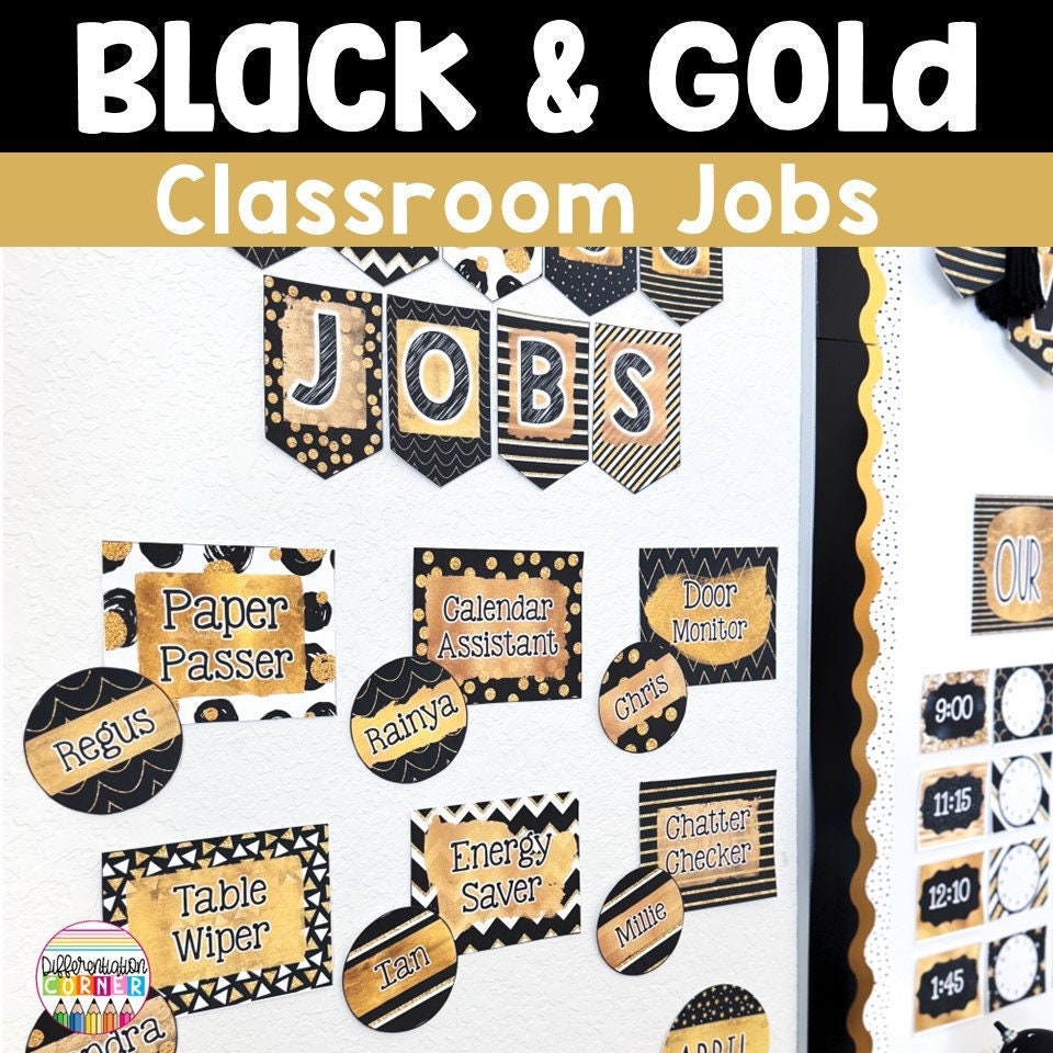 Editable Classroom Job Chart Template Black and Gold Classroom Decor ...