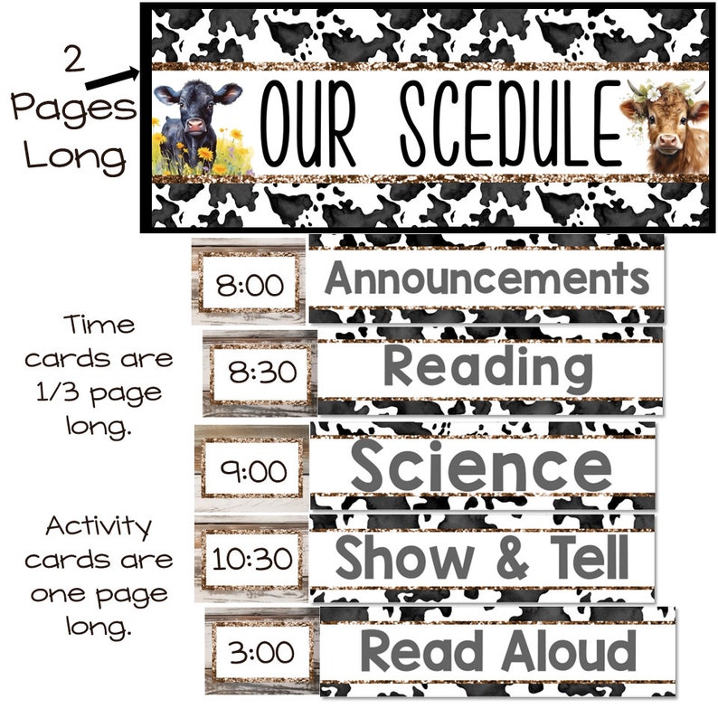 Editable Daily Schedule Cards Cow Print Farmhouse Classroom Decor ...