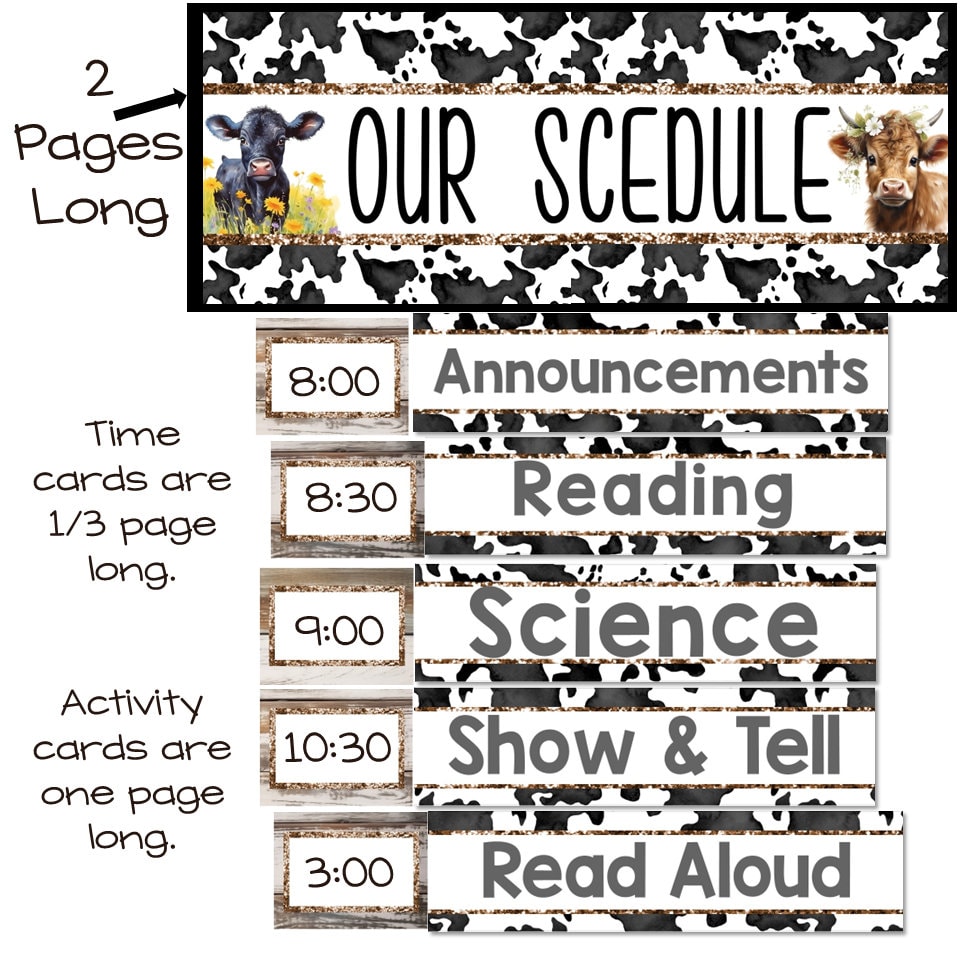 Editable Daily Schedule Cards Cow Print Farmhouse Classroom Decor ...